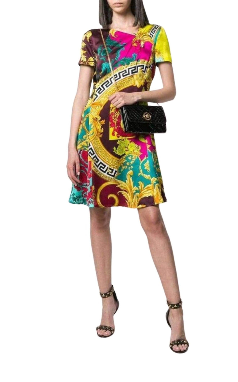 Versace Short-Sleeve Multicolored Silk Dress - Runway Catalog